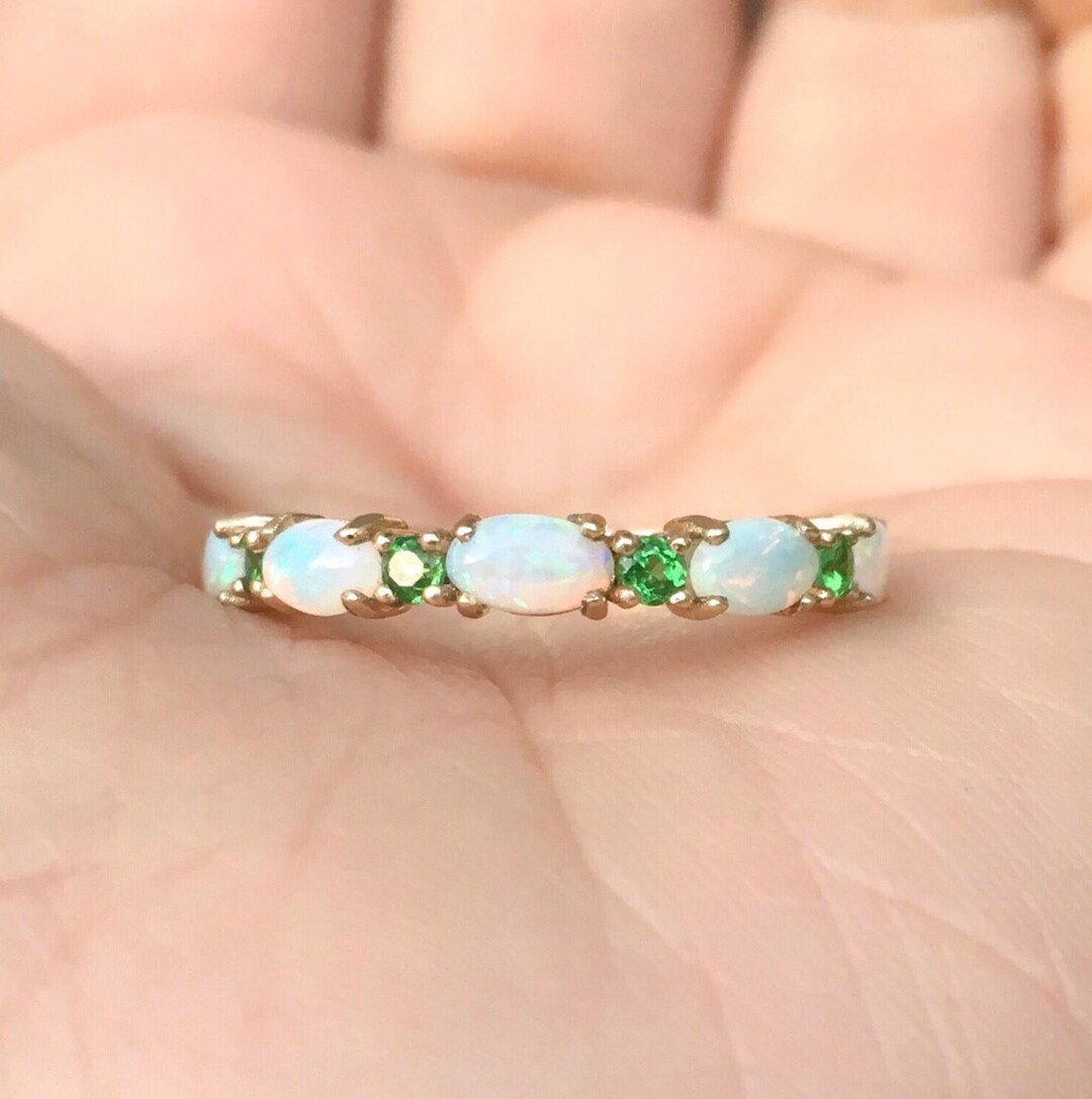 Opal Band Unique Opal Ring Alternating Emerald Opal Stack Ring Oval ...
