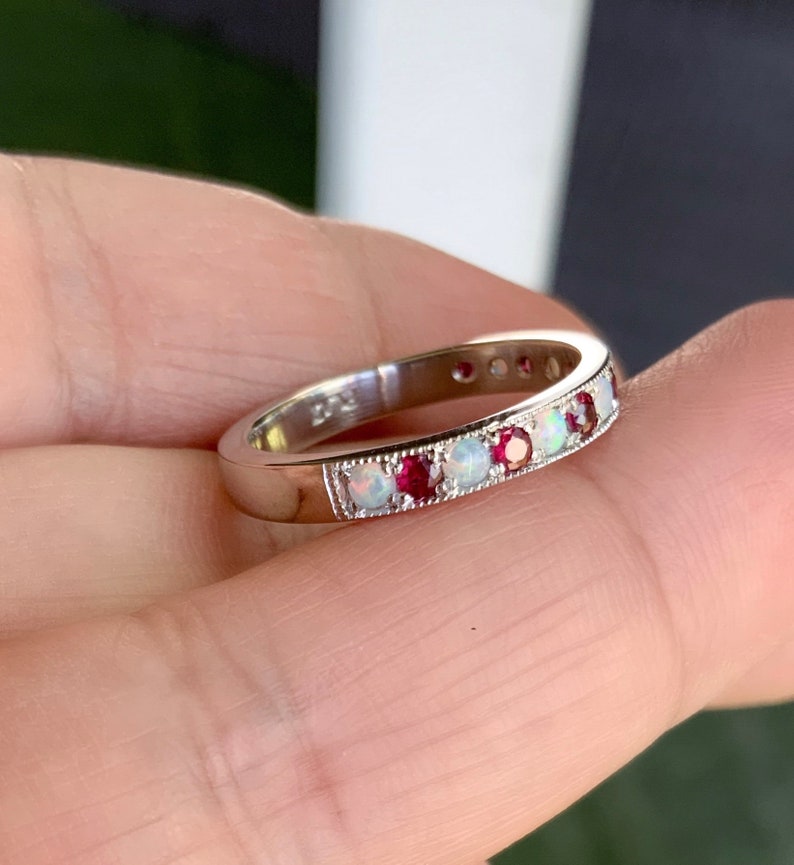 Opal Ruby Ring/ Alternating Ruby Opal Milgrain Band/ 3mm - Etsy