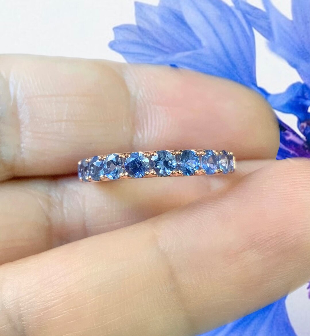 Cornflower Blue Sapphire 11 Stone Ring/ 1.65 Ct Blue Sapphire Pave Wedding Band/ September ...