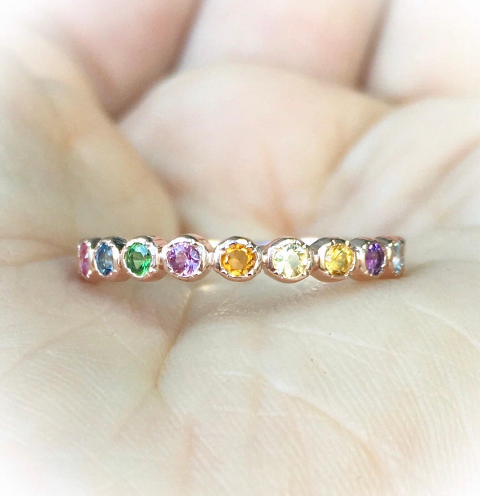 Rainbow Ring With Natural Gemstones/ Bezel Set Colorful Ring/ | Etsy