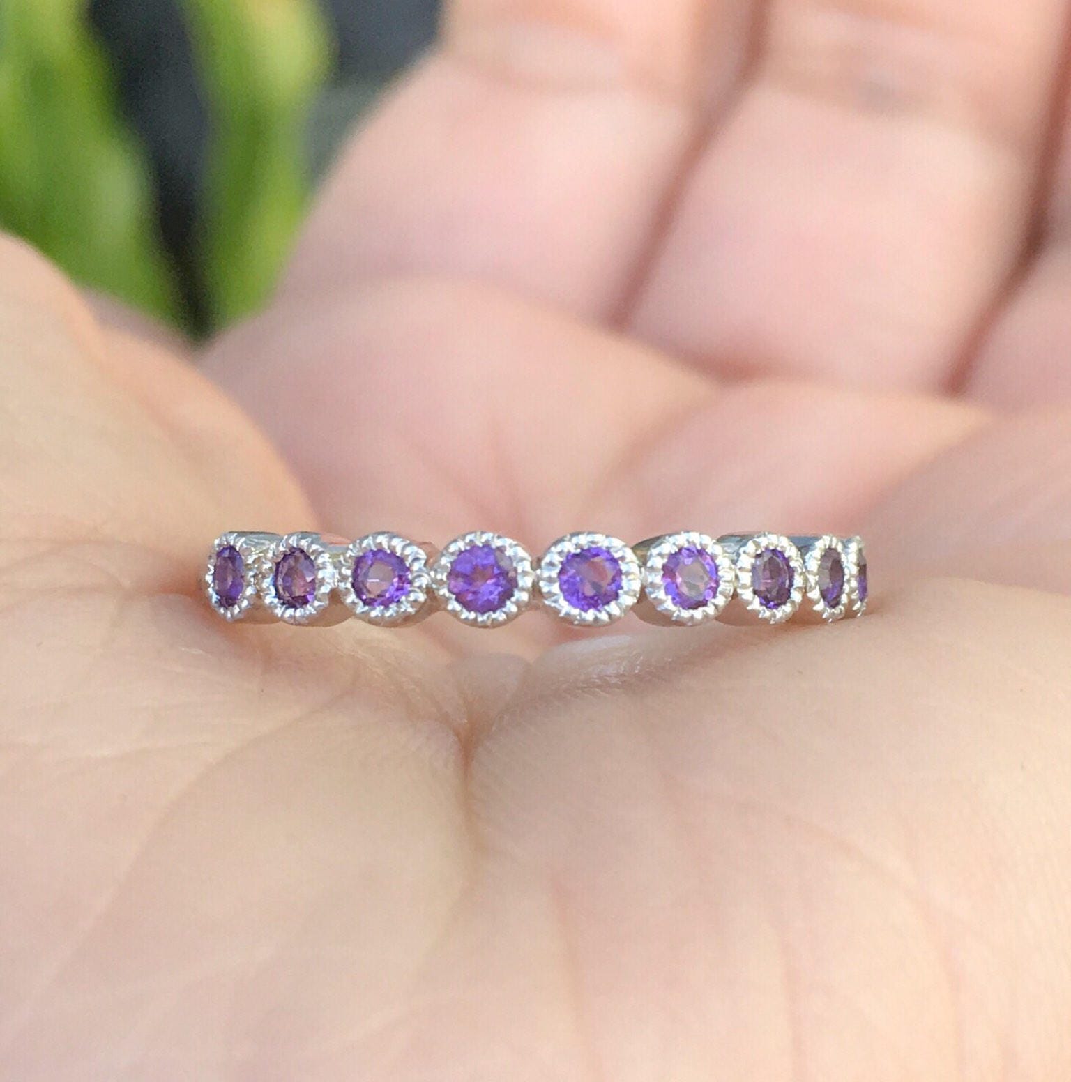 Amethyst Ring Bezel Set Half Eternity Bubble Band Amethyst | Etsy