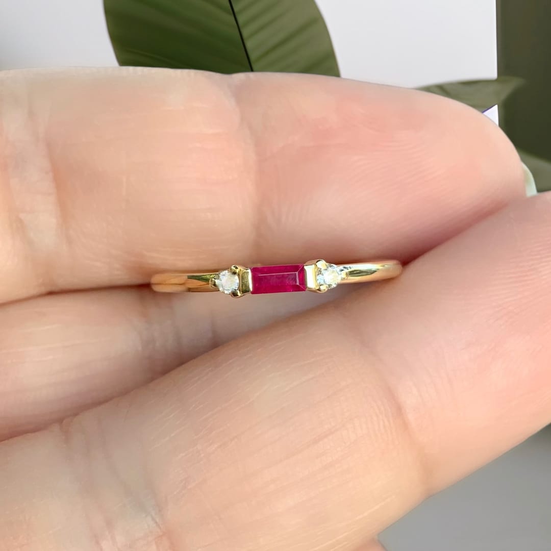 Dainty Ruby Diamond 3 Stone Ring/ Delicate Horizontal Baguette Ruby Mothers Ring/ July ...