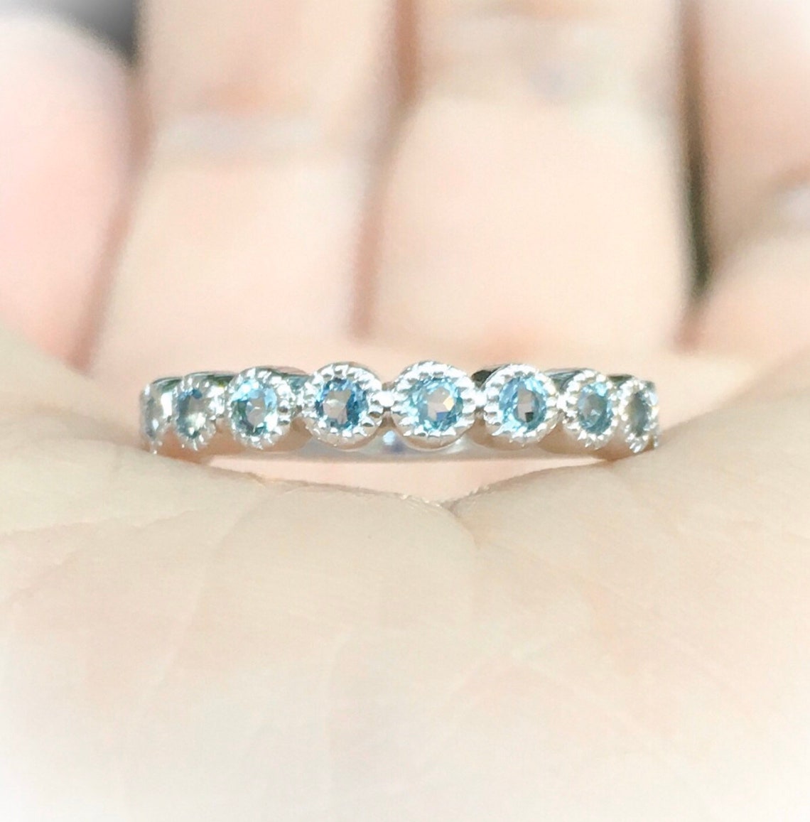 Aquamarine Milgrain Bezel Ring Stack/ 3 MM Aquamarine Bubble Ring ...