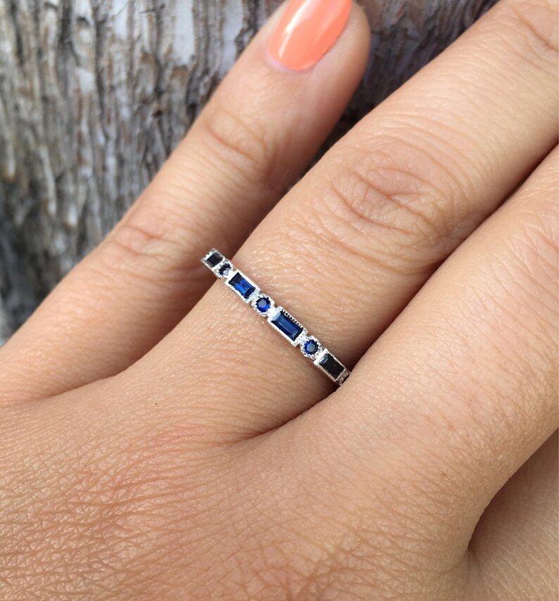 Sapphire Band Baguette Dot Blue Sapphire 3/4 Bezel Ring Blue | Etsy