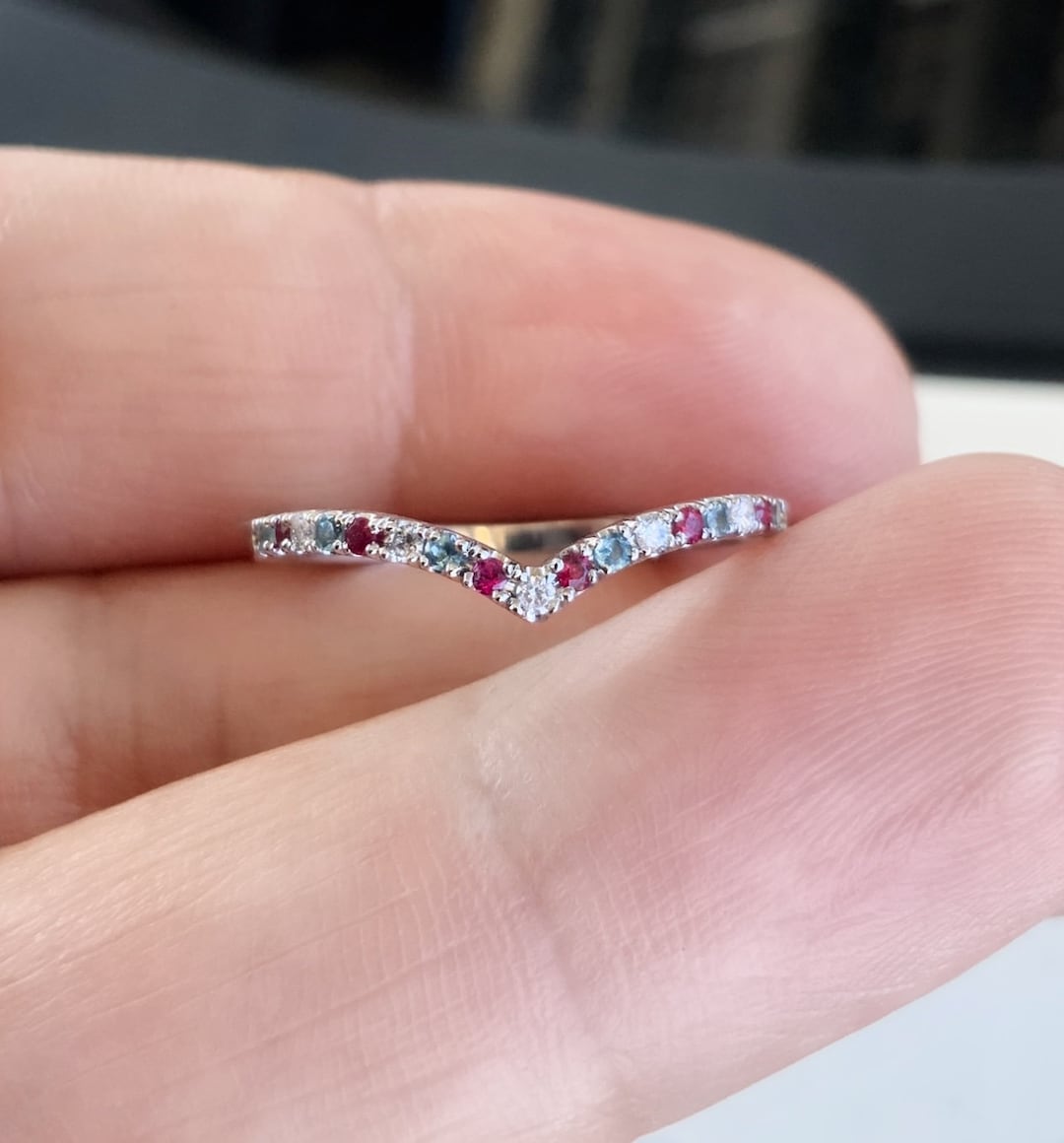 Diamond Ruby Blue Topaz Chevron Ring 1.5m Alternating Pave 3 Birthstone ...
