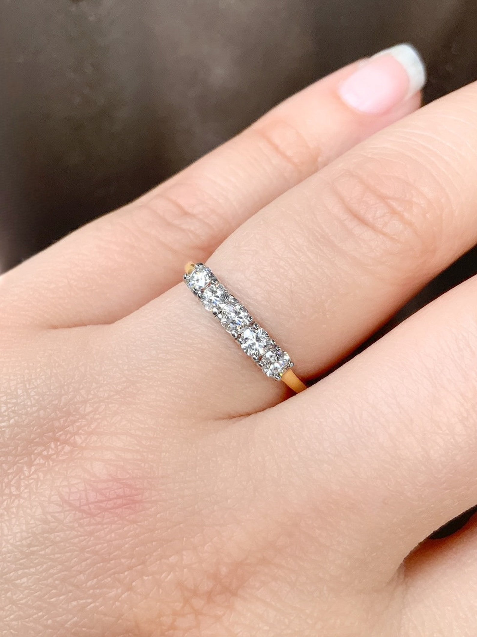 Five Stone Diamond Ring/ Two Tone Gold Prong Set Ring With 5 Lab Grown ...