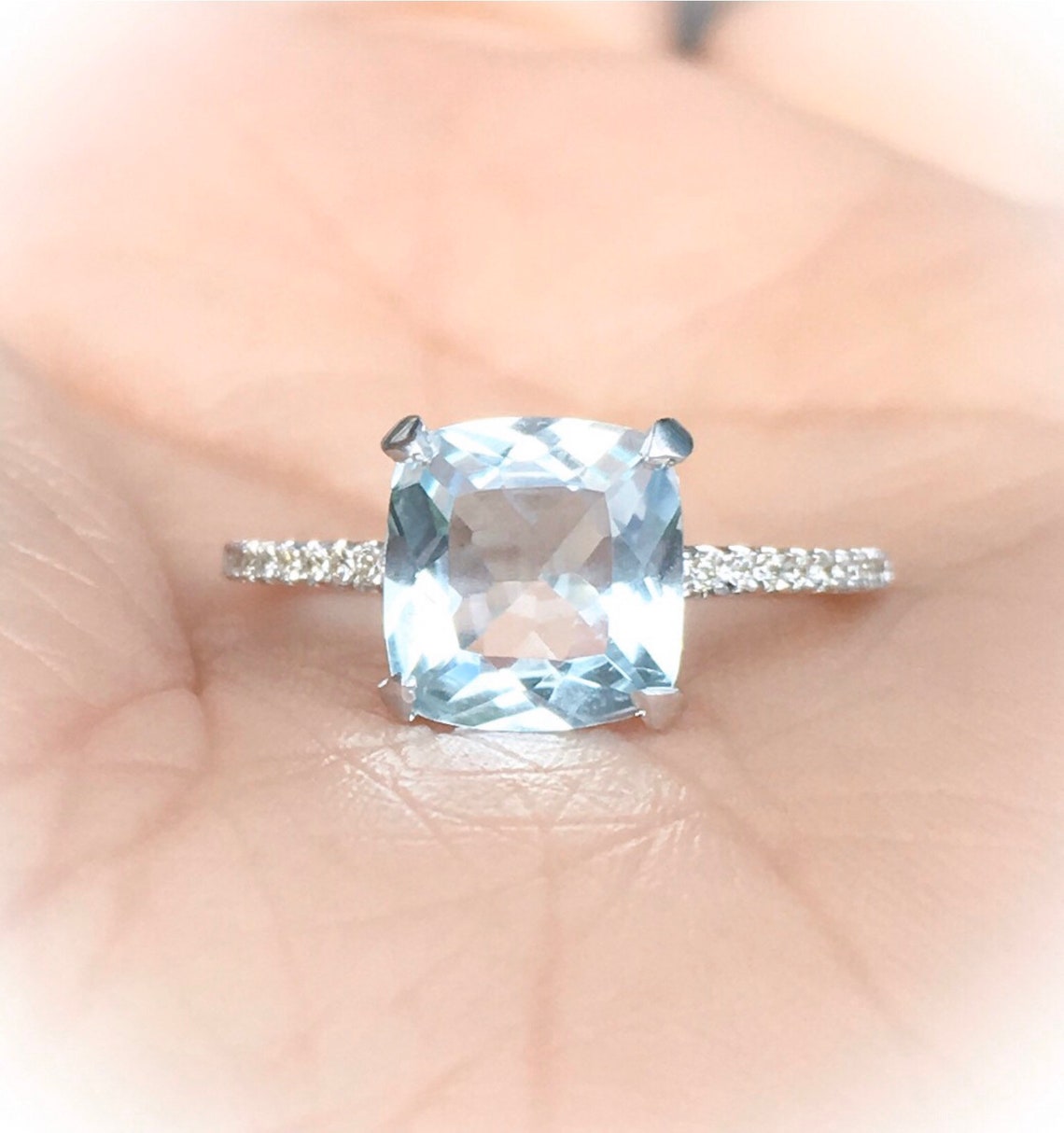 Classic Cushion Cut Aquamarine Prong Set Solitaire With Half - Etsy