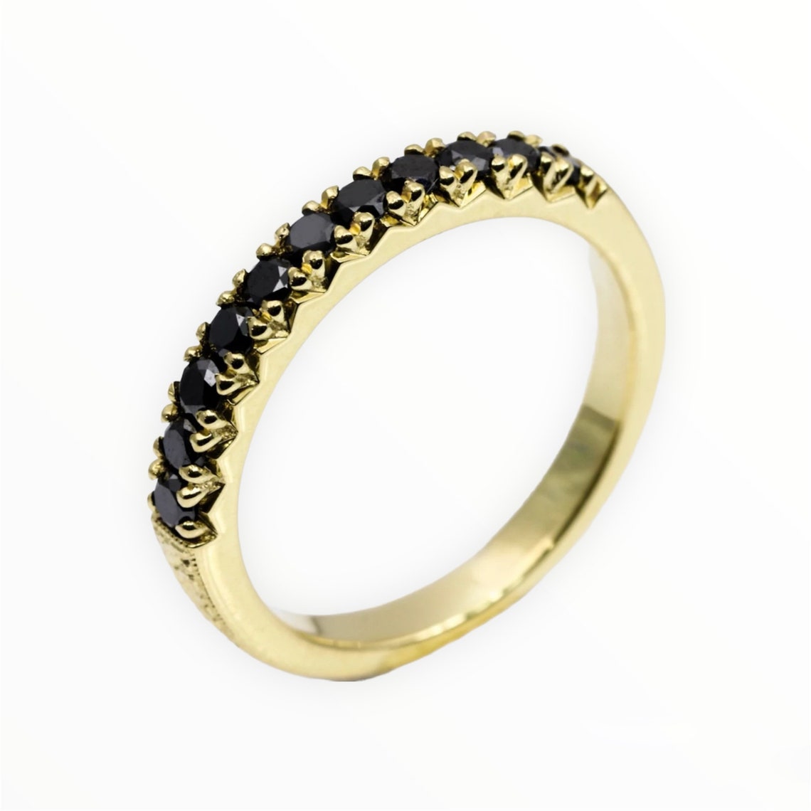 French Pave Black Diamond Band Ring W Milgrain and Hand - Etsy