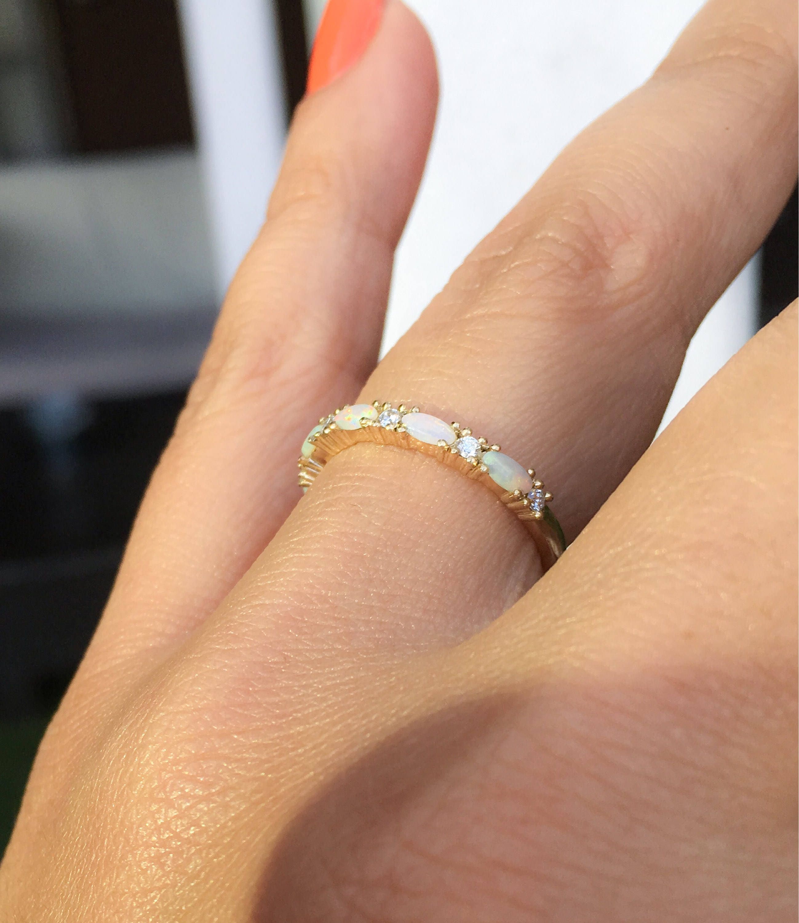 Opal Diamond Band Wedding Opal Eternity Matching Ring Pave | Etsy