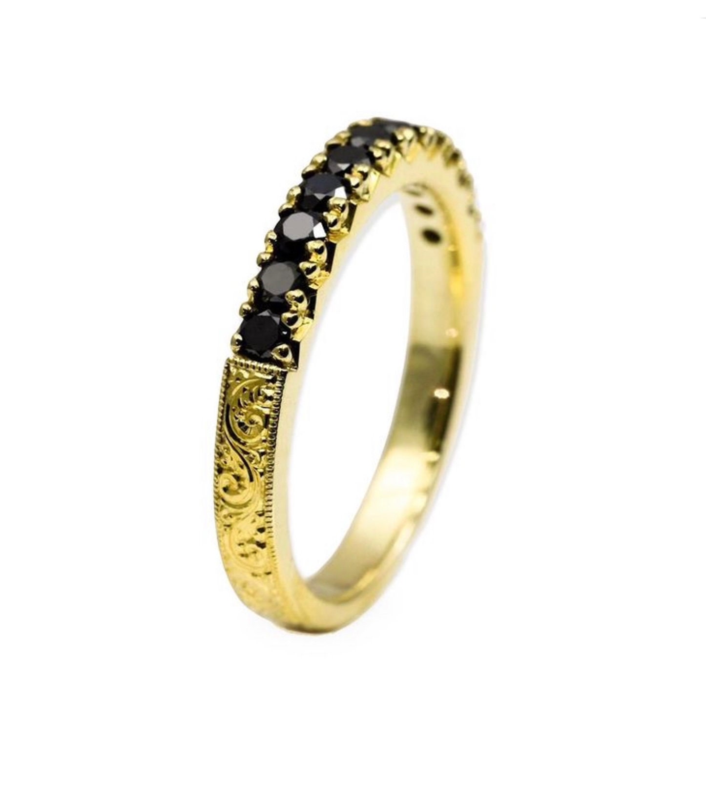 French Pave Black Diamond Band Ring W Milgrain and Hand Engraving on ...