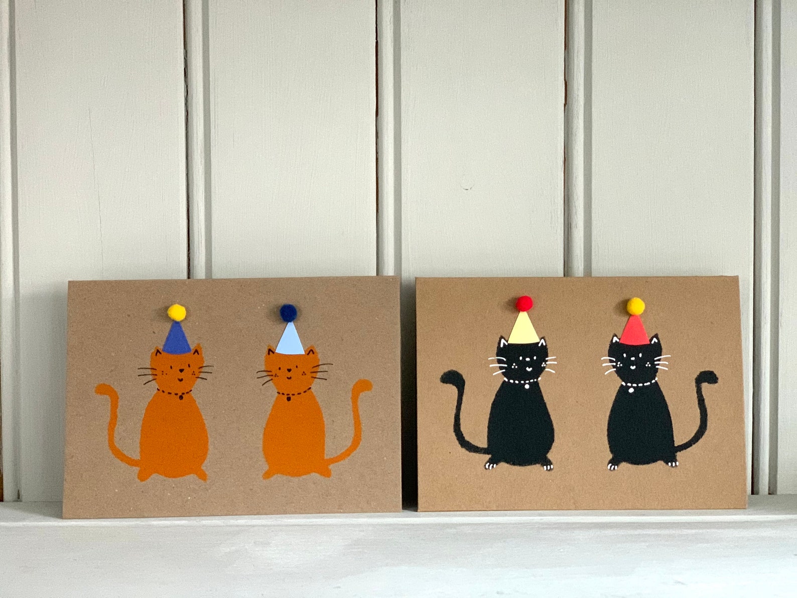 Fat Cat Card Hand Printed Cats in Party Hats Birthday | Etsy