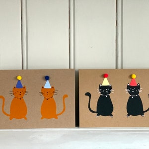 Fat Cat Card Hand Printed Cats in Party Hats Birthday Celebration Card ...