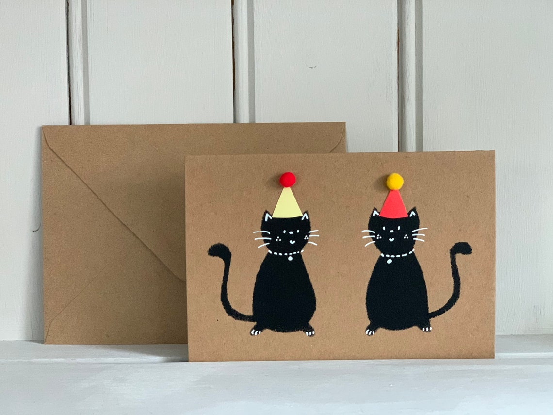 Fat Cat Card Hand Printed Cats in Party Hats Birthday | Etsy