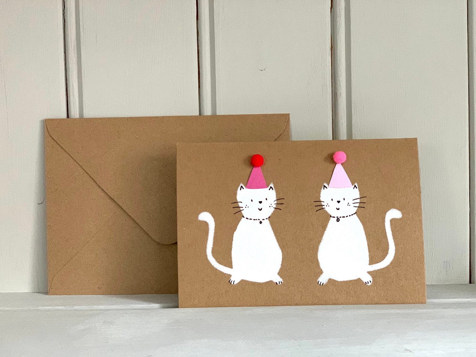 Fat Cat Card Hand Printed Cats in Party Hats Birthday | Etsy