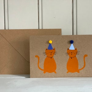 Fat Cat Card Hand Printed Cats in Party Hats Birthday Celebration Card ...