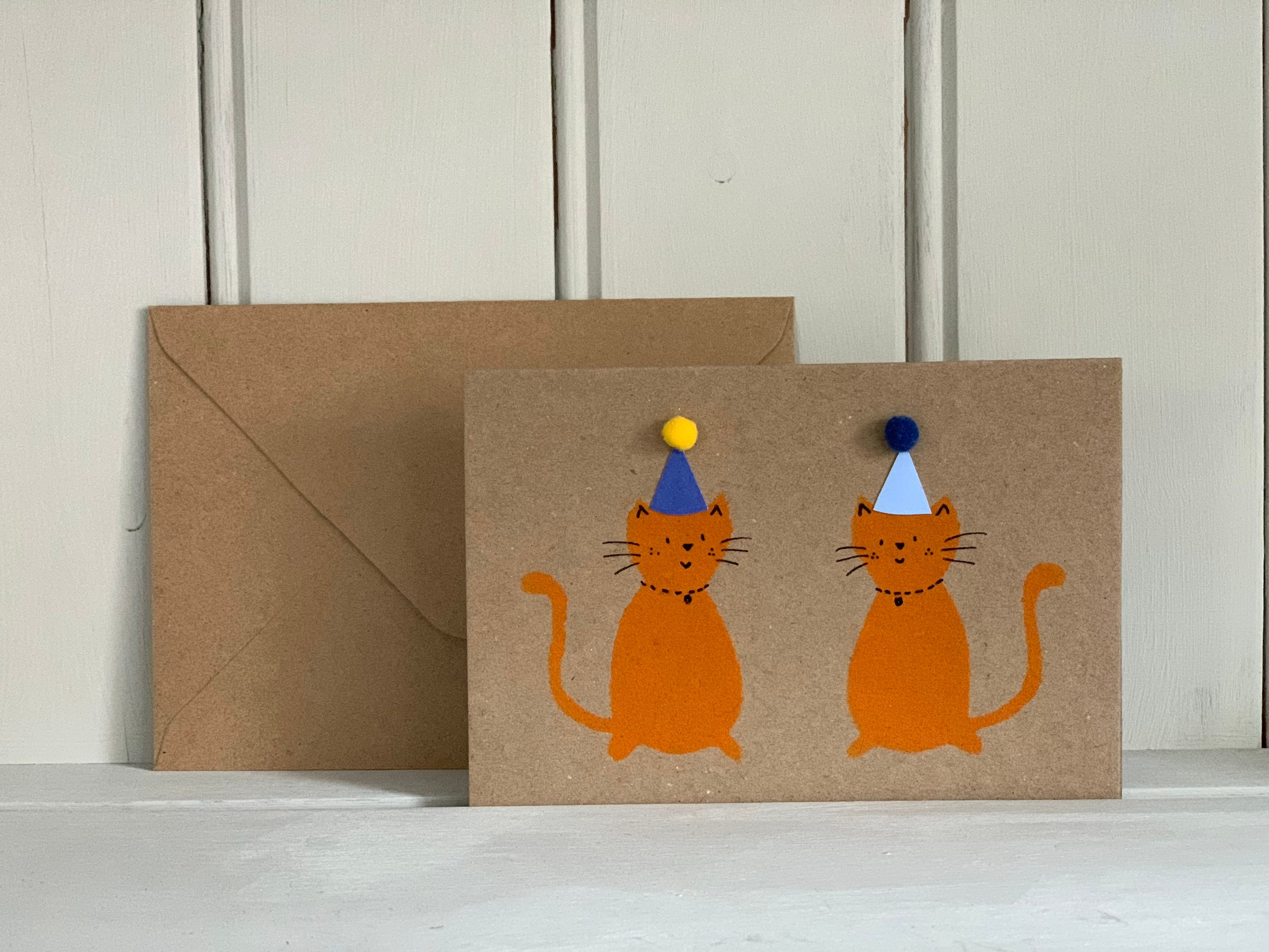 Fat Cat Card Hand Printed Cats in Party Hats Birthday - Etsy UK