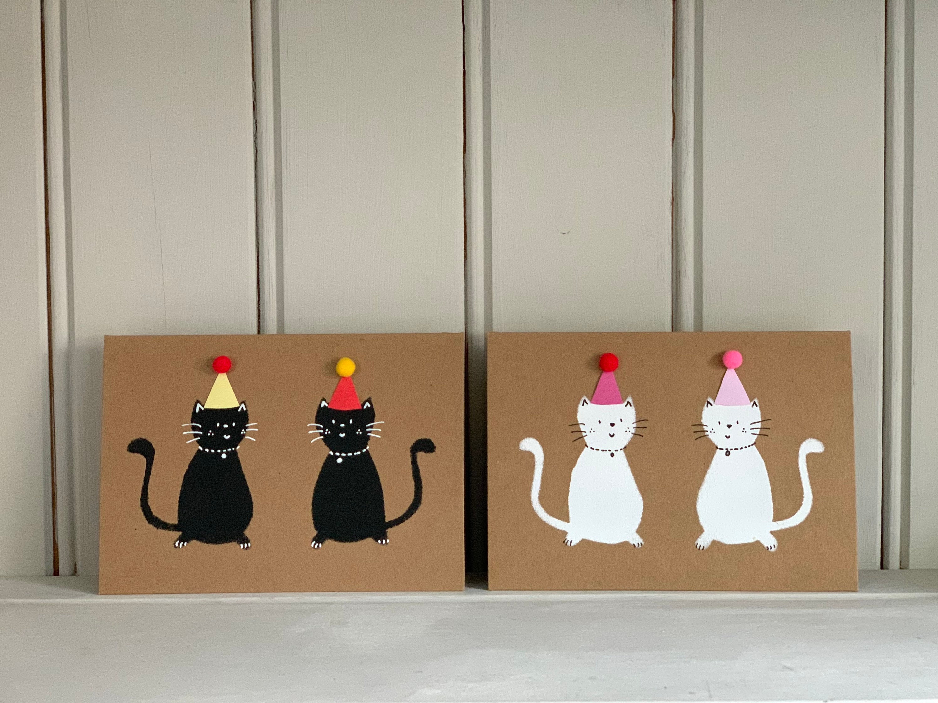 Fat Cat Card Hand Printed Cats in Party Hats Birthday | Etsy