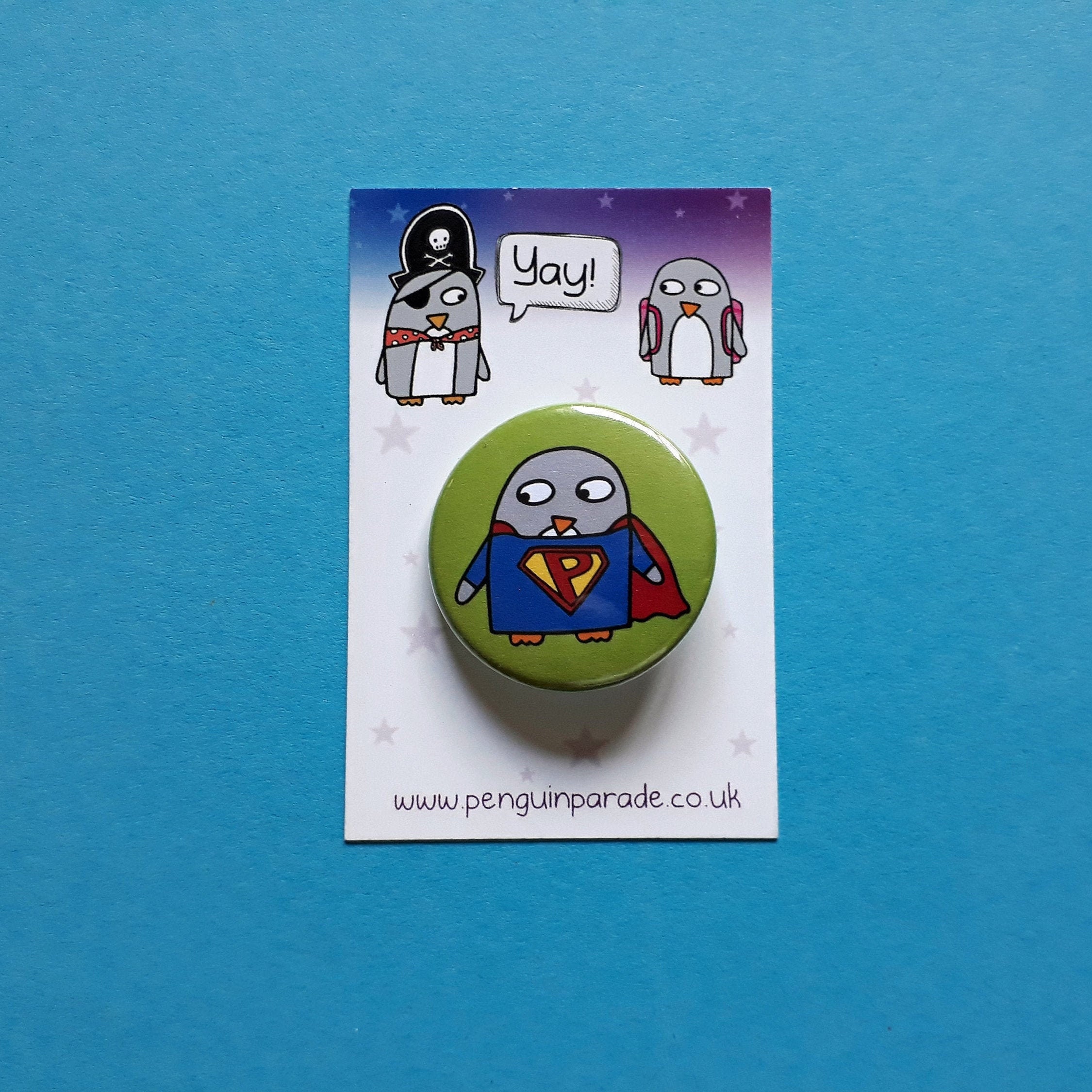 Superhero Penguin Badge, 38mm, Animal Pin Gift, Green, Stocking Filler ...