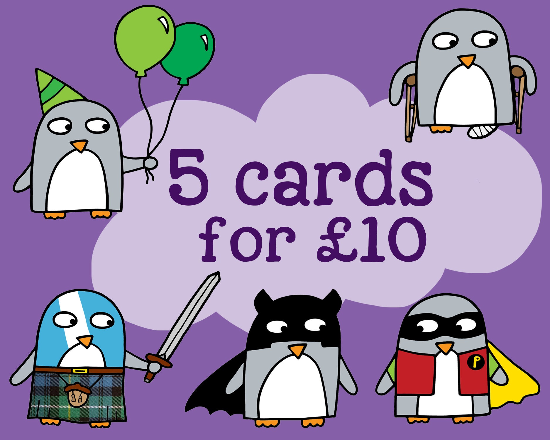 5 Greeting Cards Choose Any Designs Pick and Mix Penguin - Etsy