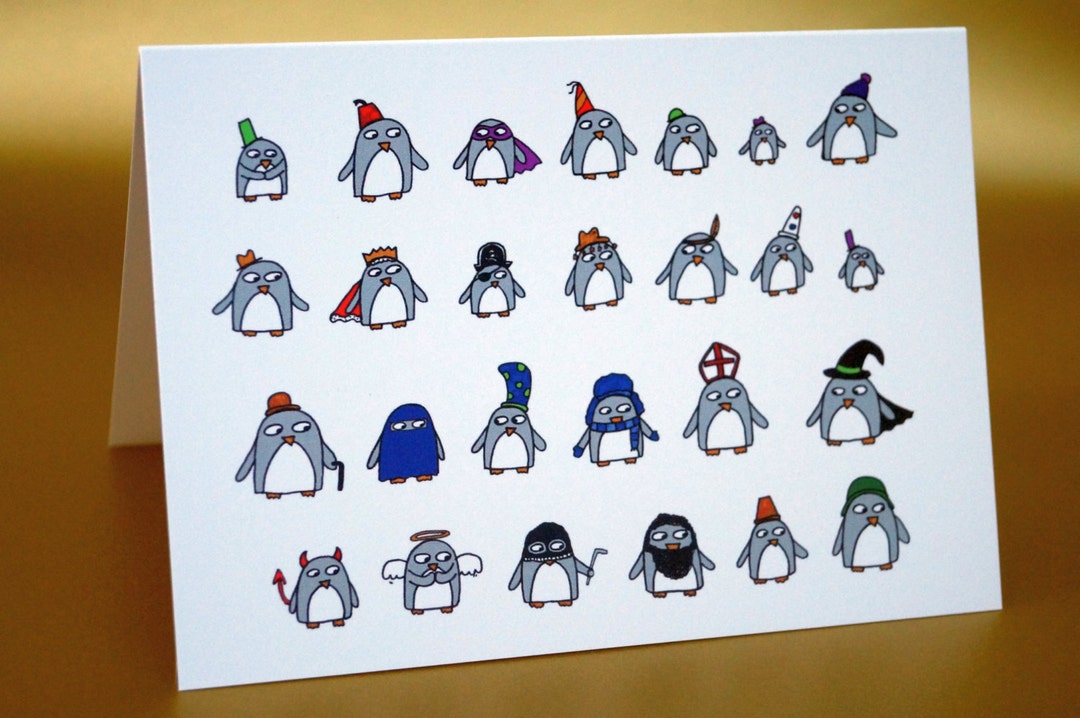 Funny Penguin Greeting Card - Penguins With Hats 2 - Birthday - Blank ...