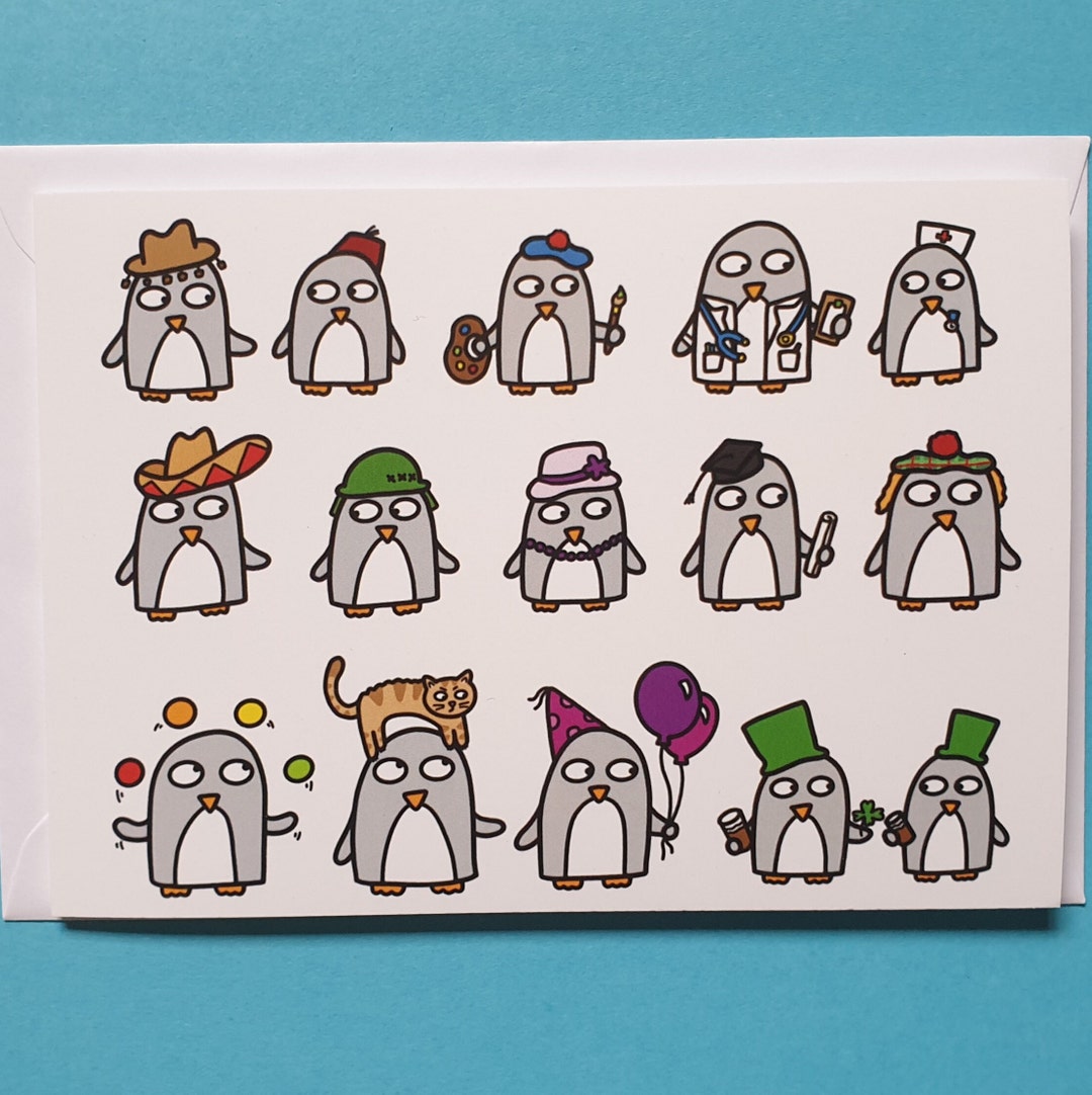 Funny Penguin Birthday Card: Quirky Dressed-up Penguins, Blank Inside ...