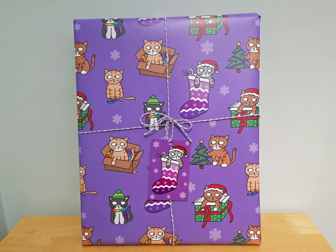 Cat Christmas Paper, Cat Wrapping Paper, Purple Christmas Paper, Cat ...