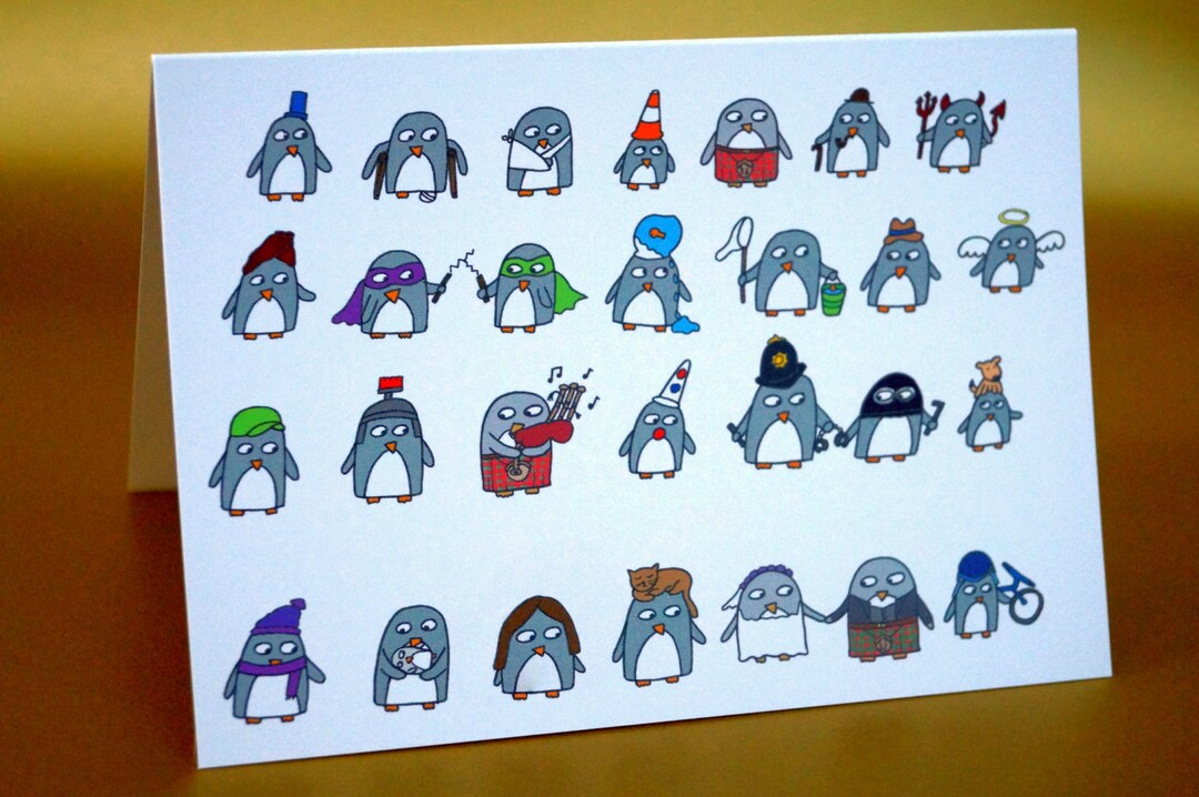 Funny Penguin Greeting Card Penguins Dress up 2 Birthday Blank Any ...