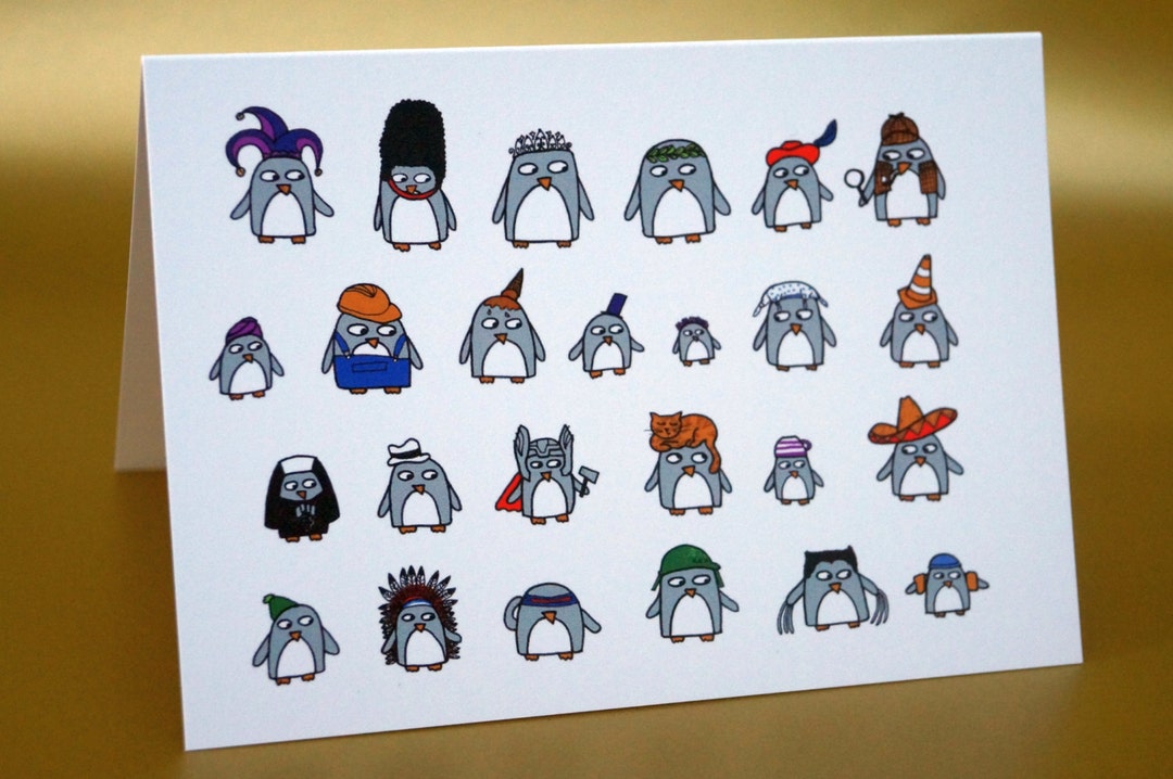Funny Penguin Greeting Card - Penguins With Hats 4 - Birthday - Blank ...