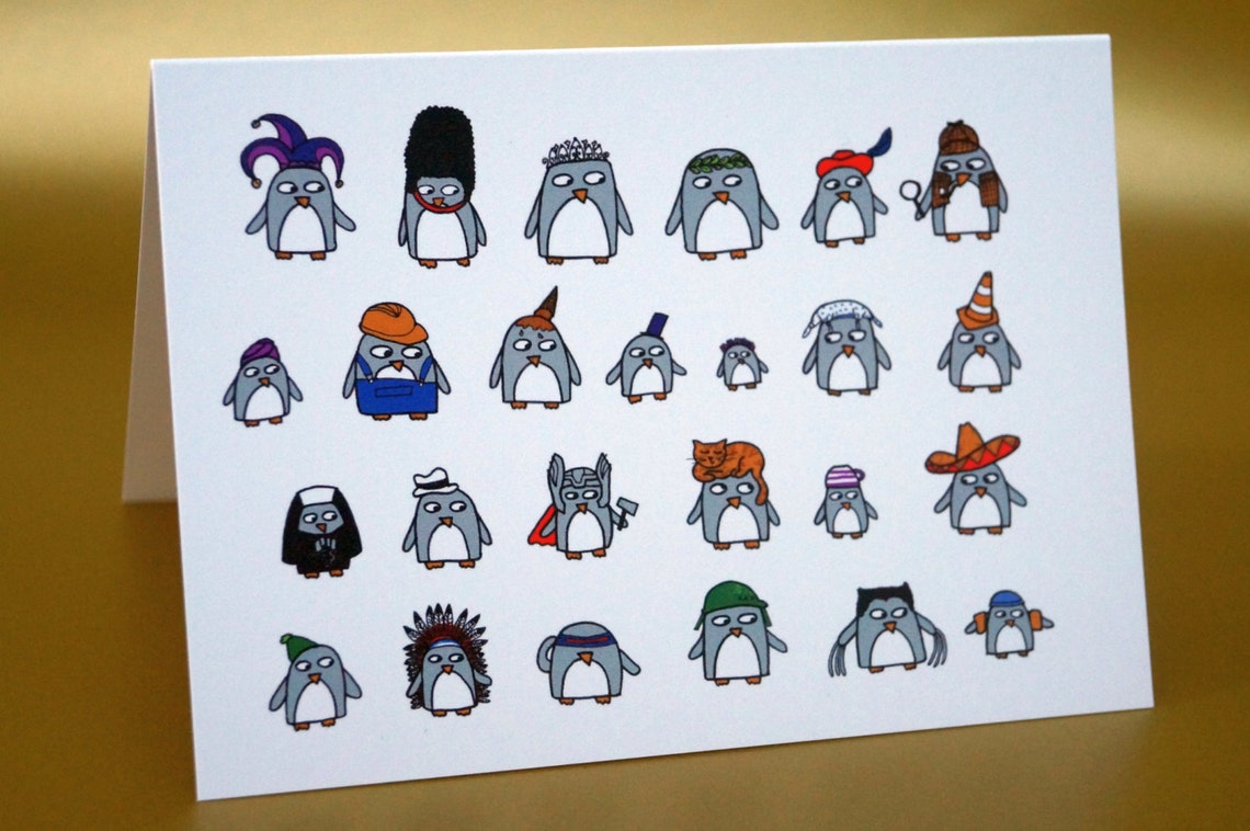 Funny Penguin Greeting Card Penguins With Hats 4 Birthday - Etsy