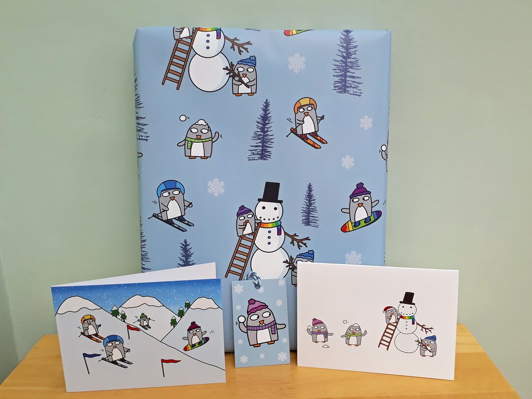 Penguin Christmas Gift Wrap Paper, Skiing, Snowboarding, Snowmen ...