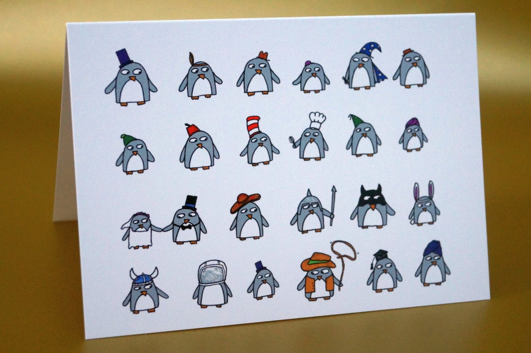 Funny Penguin Birthday Card - Penguins With Hats 1 - Quirky - Blank ...
