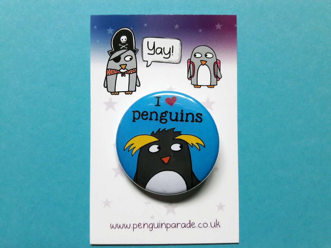 Penguin Badge - I Love Penguins Badge - Birthday Gift - 38mm - Metal ...