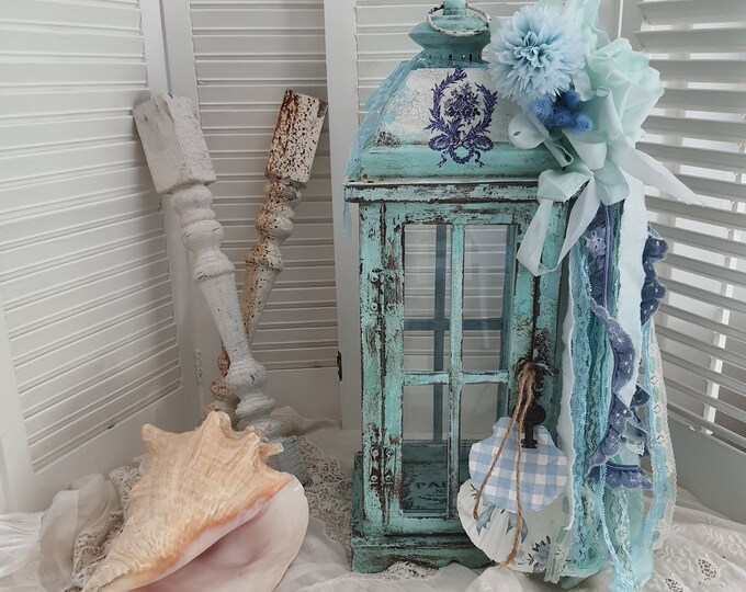 18" Tall Decorative Wooden Lantern Blue Lantern Beach Cottage Lantern ...