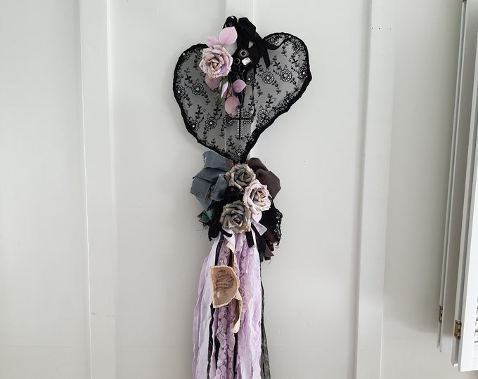 Vintage Black Embroidered Mesh Lace Wire Heart With Hand Dyed Lavender ...
