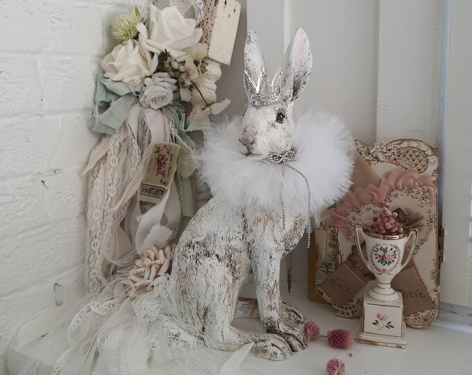 14 Tall Crowned Rabbit Statue Easter Centerpiece Shabby Cottage Decor ...