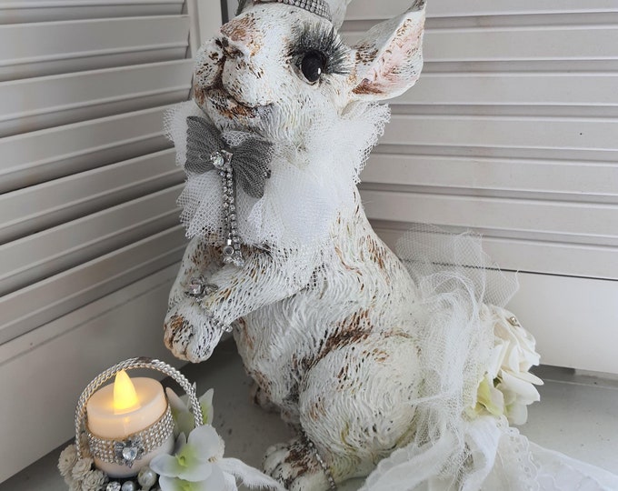 11" Tall Crowned Rabbit Statue Easter Centerpiece Spring Decor Shabby ...