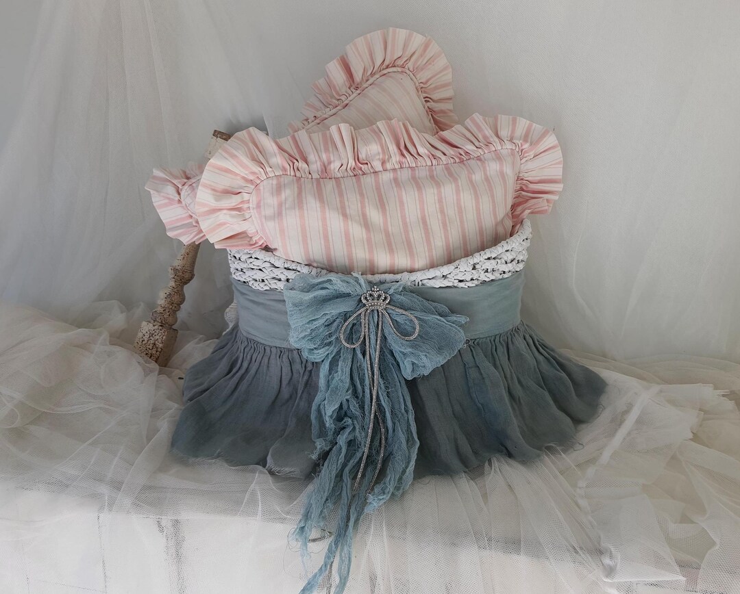 Gorgeous Blue Linen Ruffle Covered Rattan Basket Ruffle Bow Woven ...