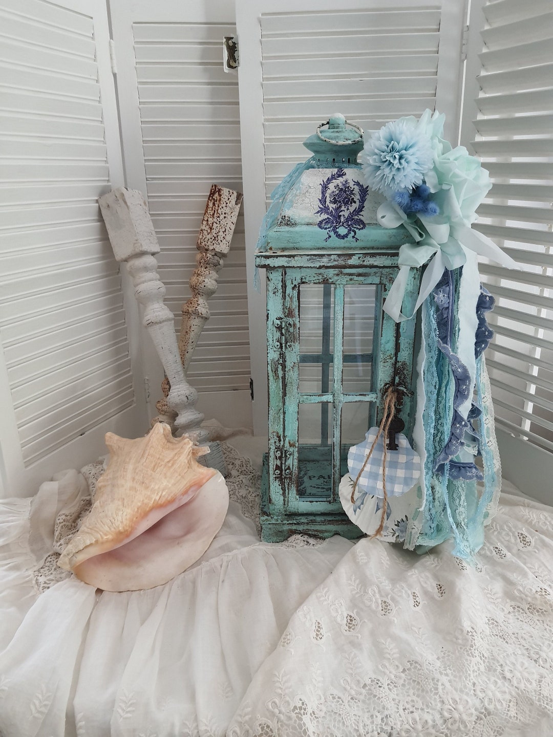 18 Tall Decorative Wooden Lantern Blue Lantern Beach Cottage Lantern ...