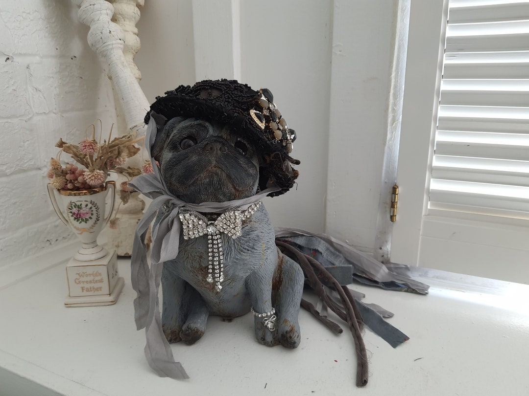 Adorable Sitting Pug Statue W/ Hat Pet Sculpture Pug Dog Decor French ...