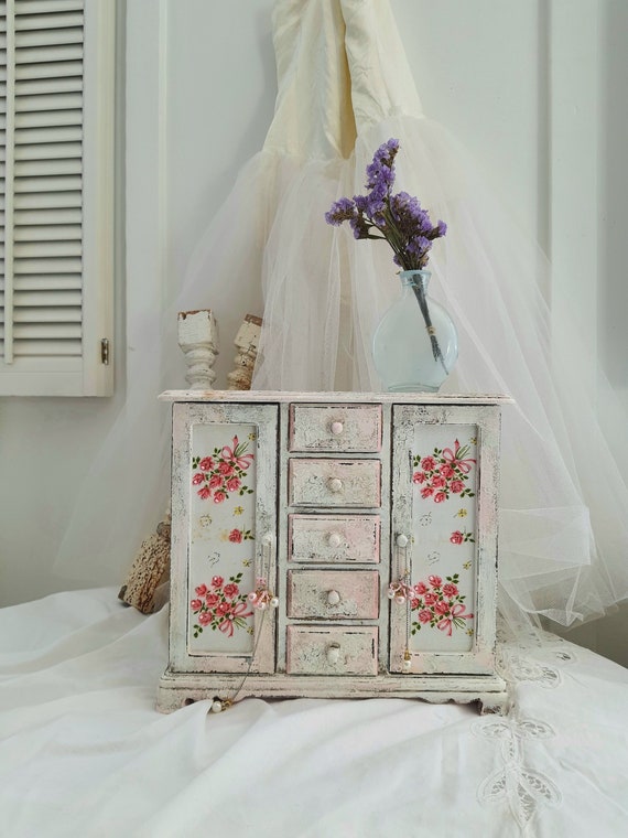 French Wood Jewelry Armoire Vintage Jewelry Box Jewelry Organizer Shabby Chic Chalk Pink and White Distressed Hand Painted Home Decor Etsy