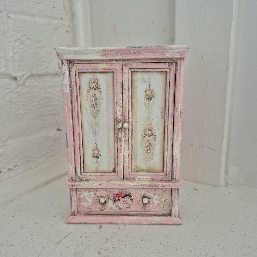 1:12 Scale Dollhouse Miniature Wooden Cabinet Wardrobe Shabby Chic Pink ...
