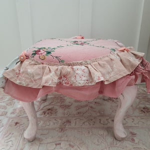 Decorative Upholstered Foot Stool Vintage Textile Floral Ruffles Shabby ...