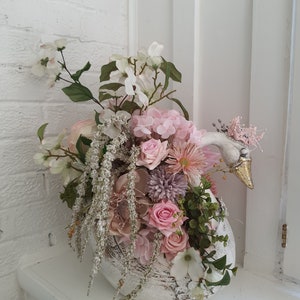 Swan Planter Floral Arrangement: Pink Real Touch Flowers, Rhinestone ...