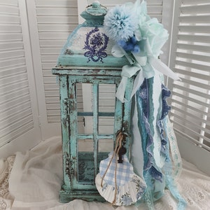 18 Tall Decorative Wooden Lantern Blue Lantern Beach Cottage Lantern ...