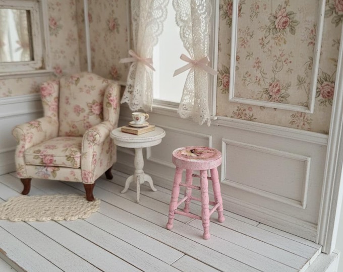 1:12 Scale Dollhouse Miniature Pink Wooden Stool, Dollhouse Chair, Hand ...
