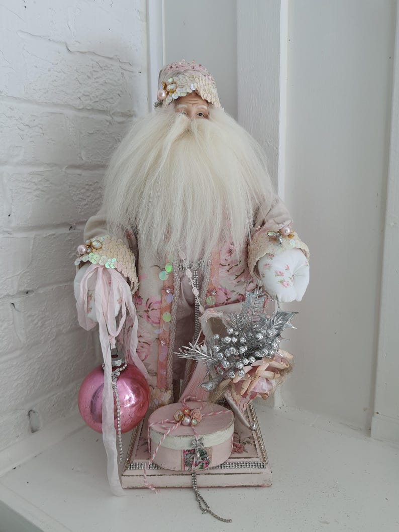 18" Tall Handcrafted Pink Santa Figurine, Shabby Chic Christmas Decor ...