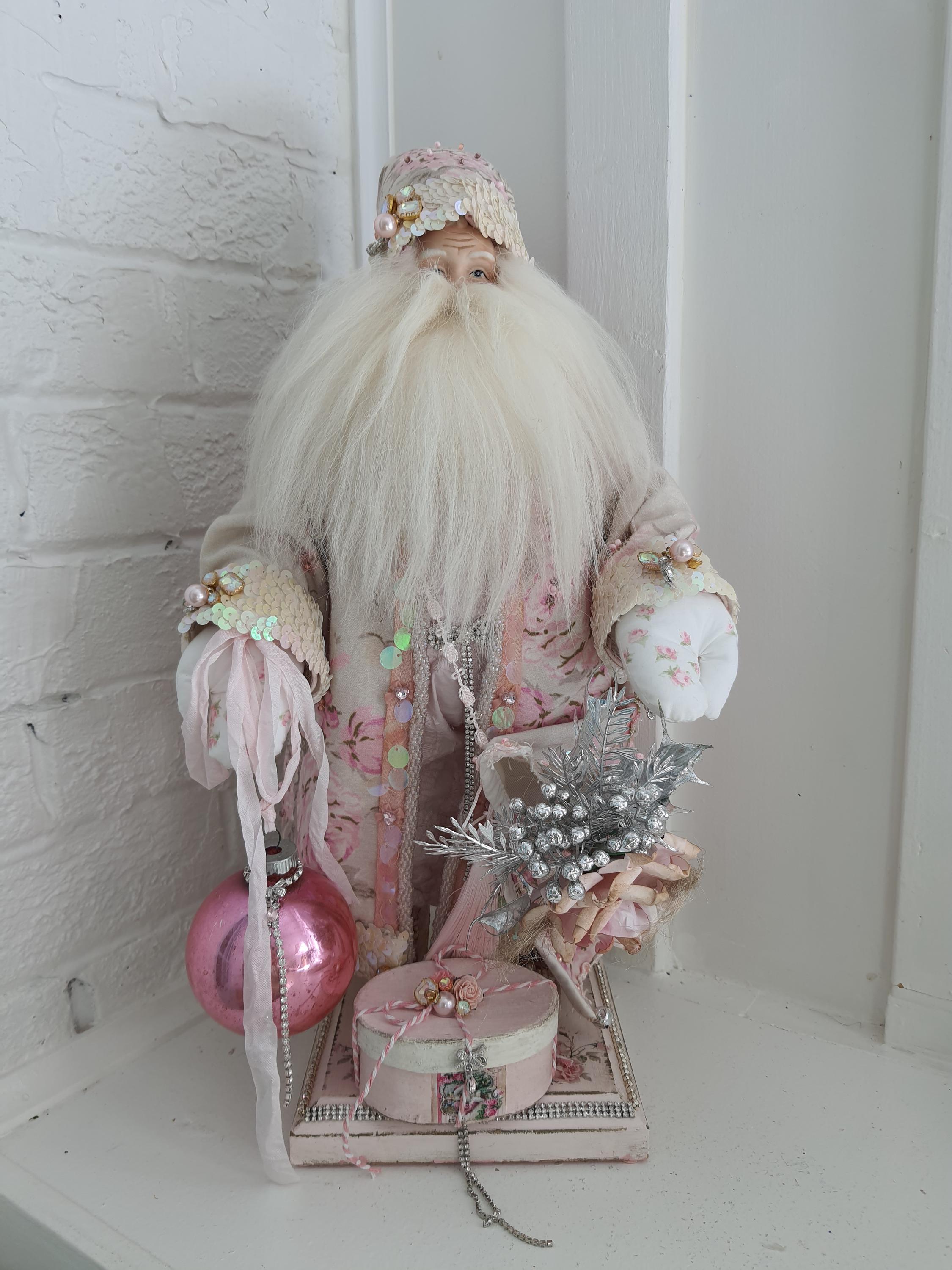 18" Tall Handcrafted Pink Santa Figurine, Shabby Chic Christmas Decor ...