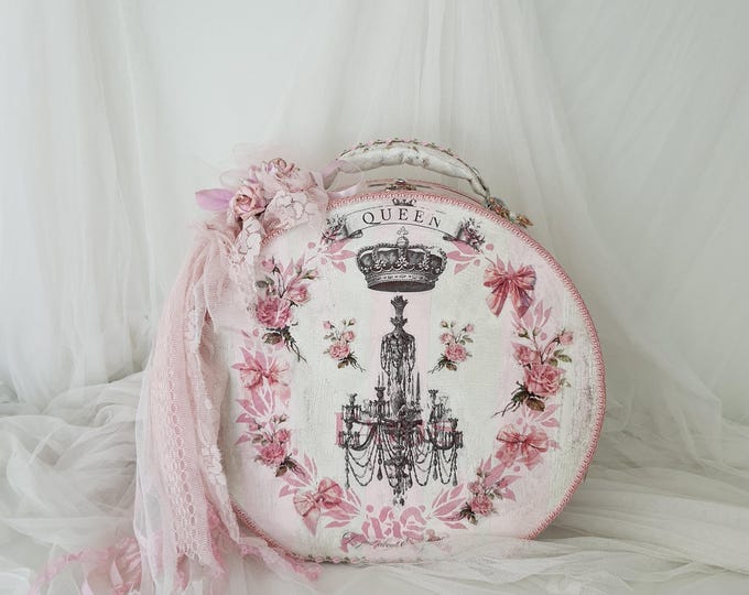 Large Round Cardboard Suitcase/hat Box Decorative Pink Storage Shabby ...