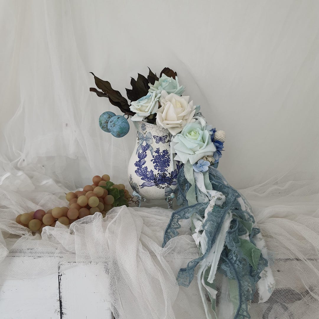 Decorative Upcycled Pitcher W/ Hand Crafted Rose Rag Bow Vase Shabby ...