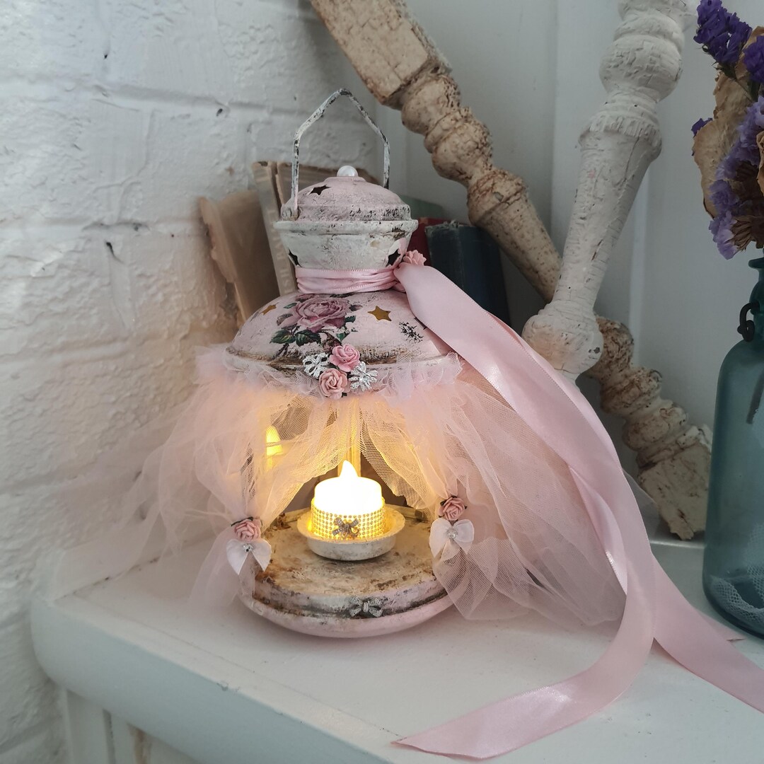 Decorative Metal Lantern With Tea Light Candle Covered Pink Ruffle Lace ...